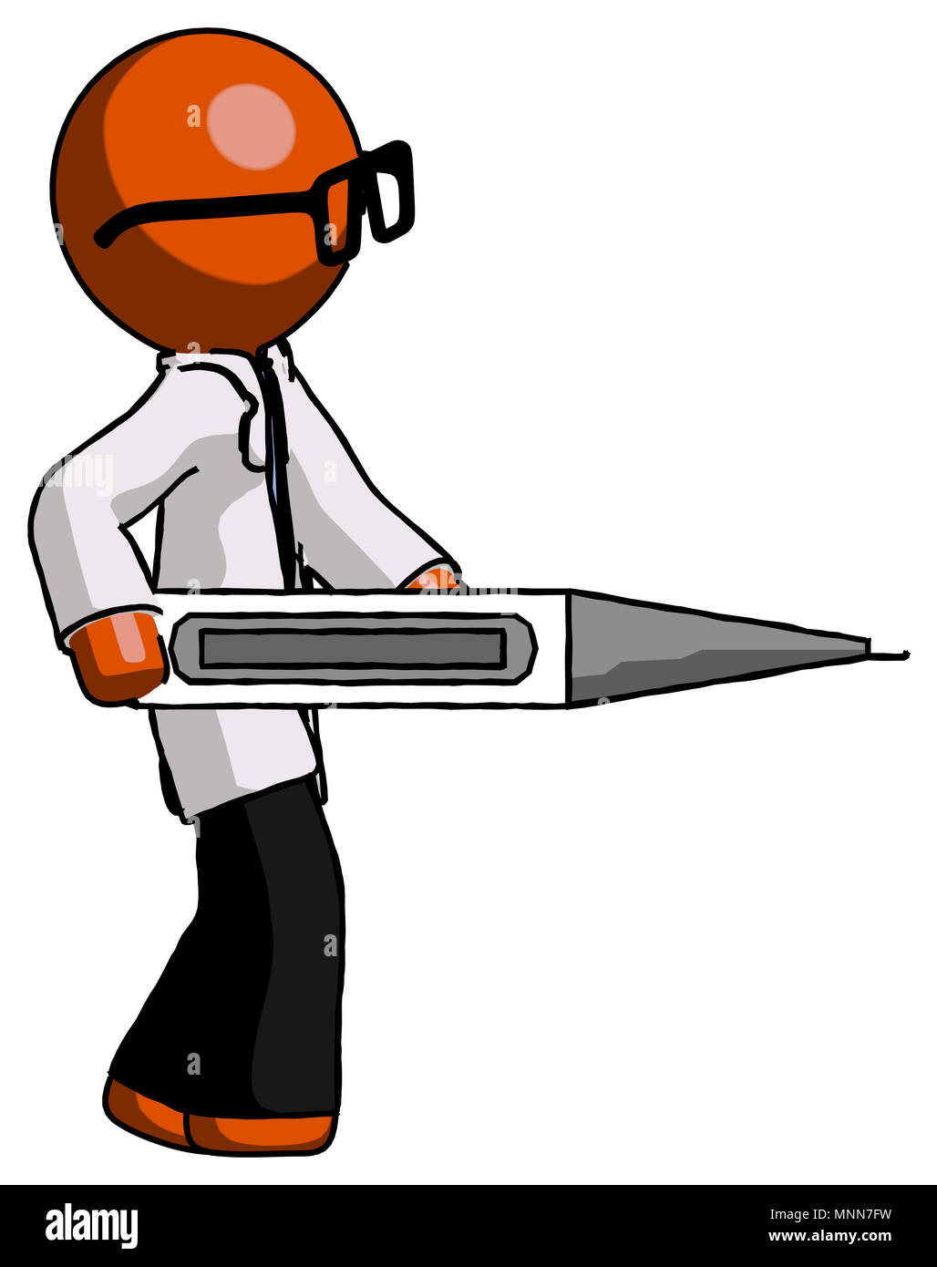 Orange doctor scientist man walking with large thermometer Stock Photo ...