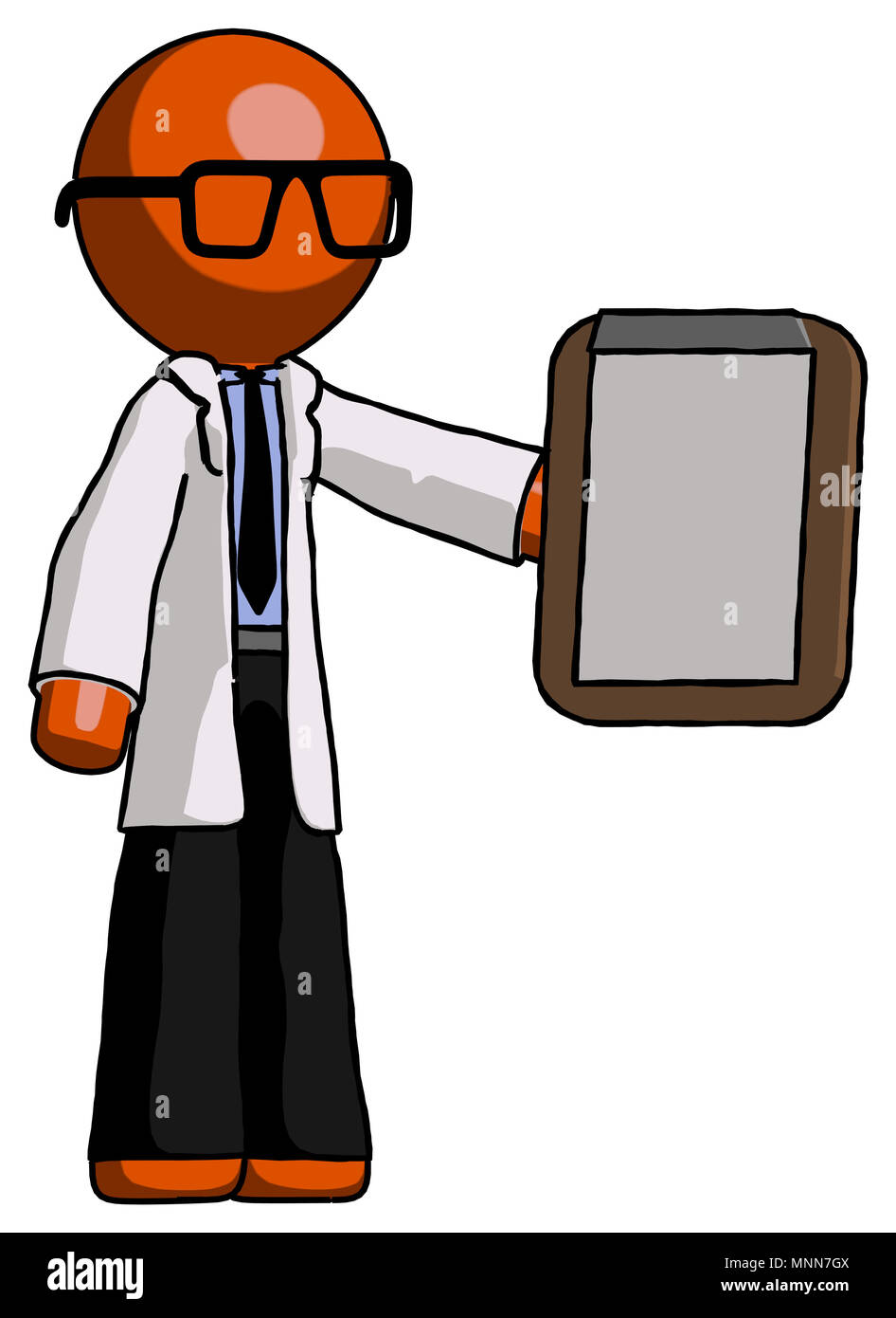 Orange doctor scientist man showing clipboard to viewer Stock Photo - Alamy