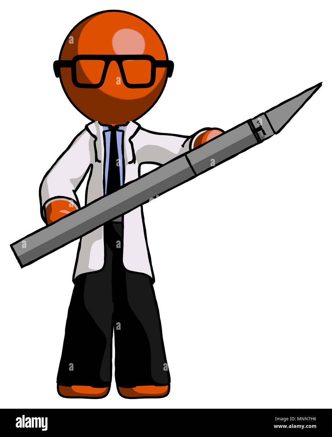 Orange doctor scientist man holding large scalpel Stock Photo - Alamy