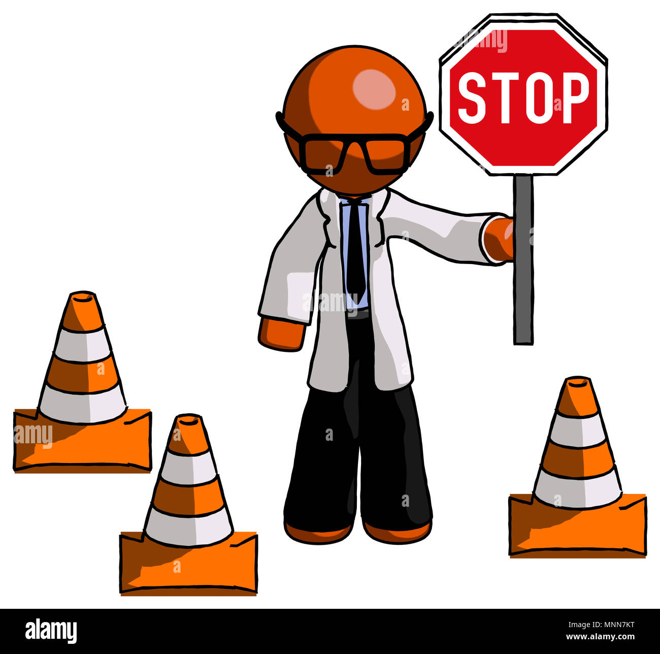 Orange doctor scientist man holding stop sign by traffic cones under ...