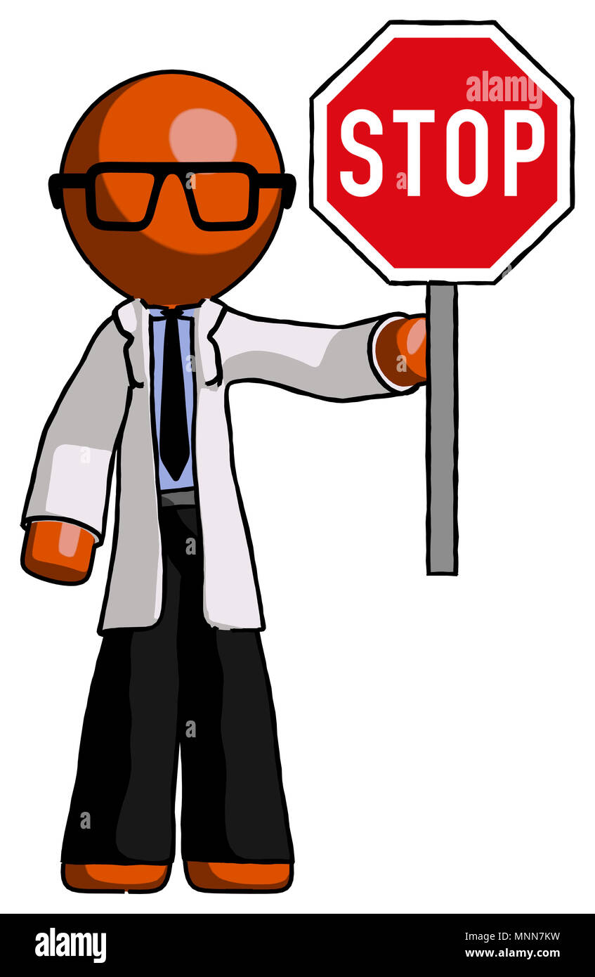 Orange doctor scientist man holding stop sign Stock Photo - Alamy