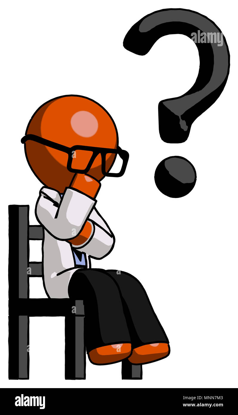 Orange doctor scientist man question mark concept, sitting on chair ...