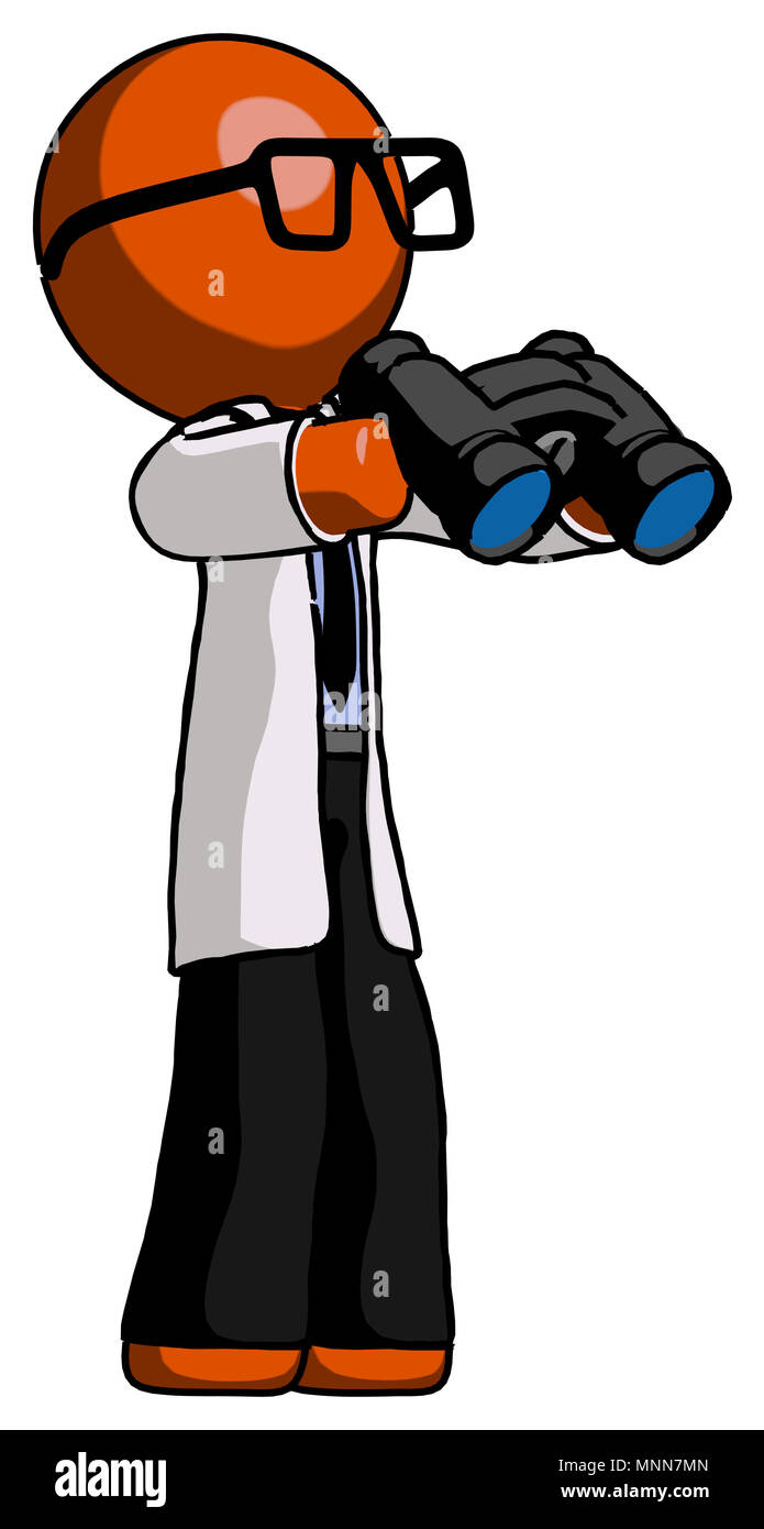 Orange doctor scientist man holding binoculars ready to look right ...