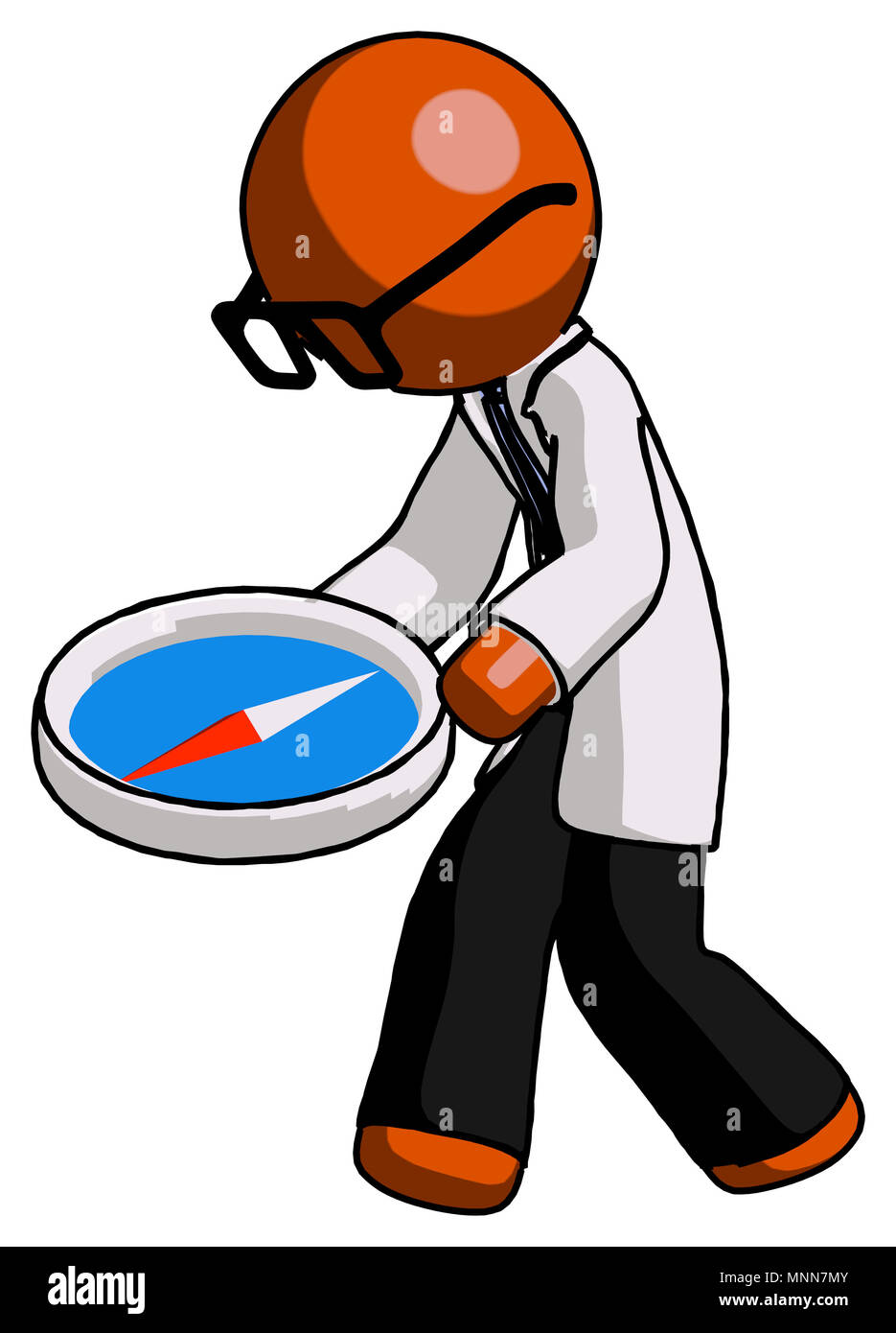 Orange doctor scientist man walking with large compass Stock Photo - Alamy