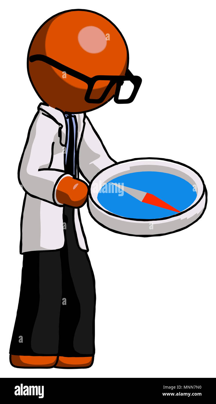 Orange doctor scientist man looking at large compass facing right Stock ...