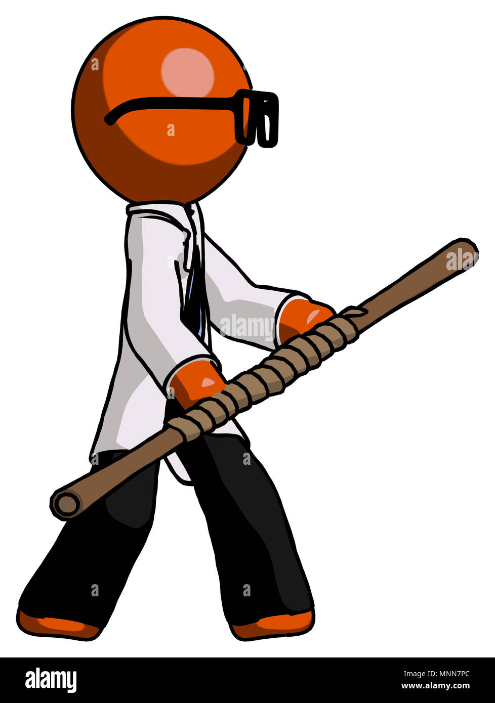 Orange doctor scientist man holding bo staff in sideways defense pose ...