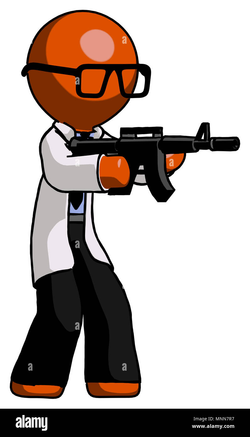 Orange doctor scientist man shooting automatic assault weapon Stock ...
