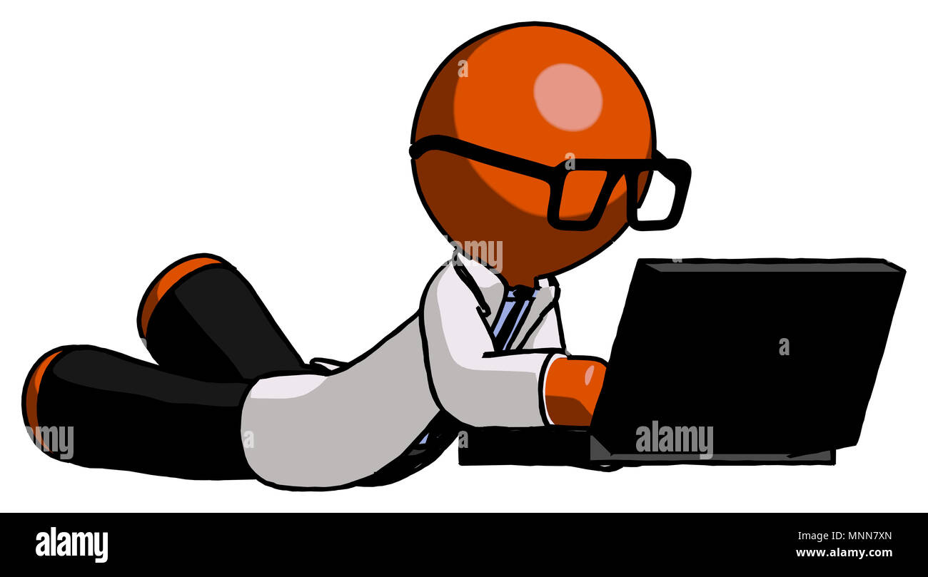 Orange doctor scientist man using laptop computer while lying on floor ...