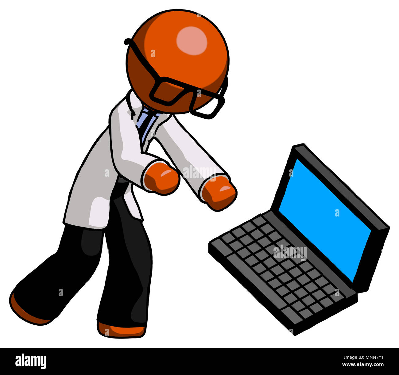 Orange doctor scientist man throwing laptop computer in frustration ...