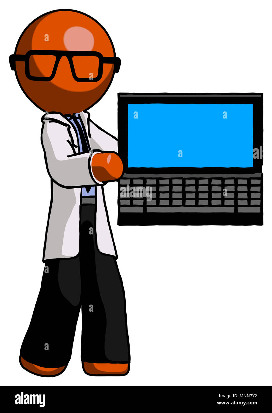 Orange doctor scientist man holding laptop computer presenting ...