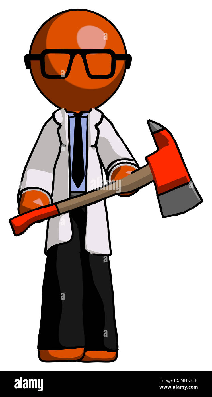 Orange doctor scientist man holding red fire fighter's ax Stock Photo ...