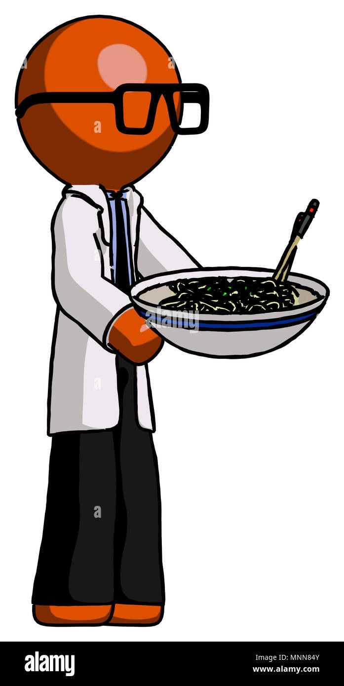 Orange doctor scientist man holding noodles offering to viewer Stock ...