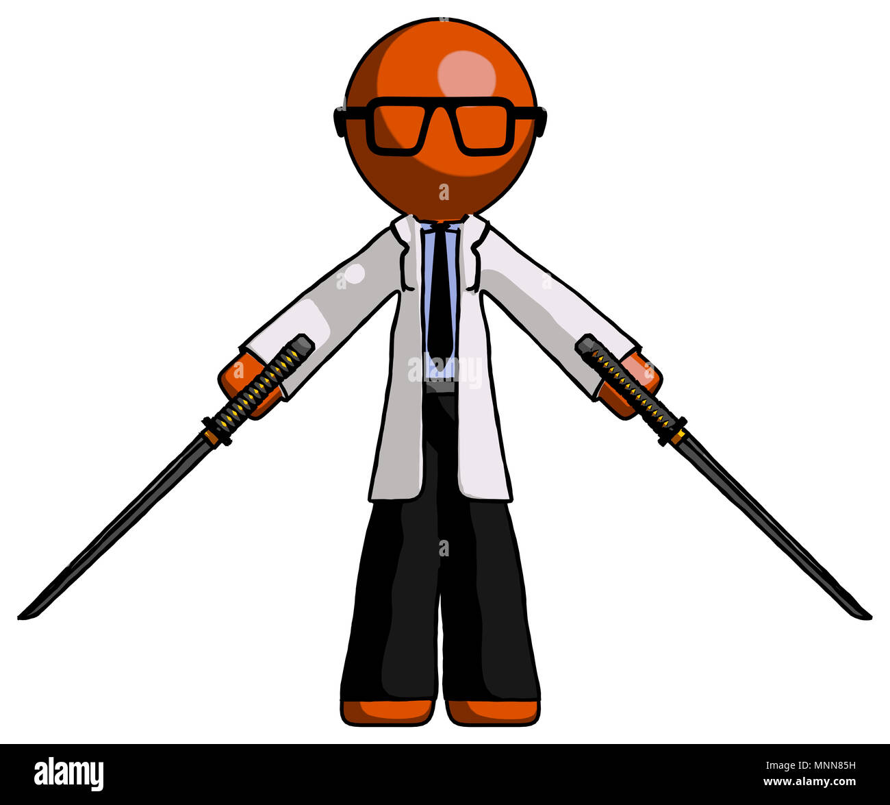 Orange doctor scientist man posing with two ninja sword katanas Stock ...
