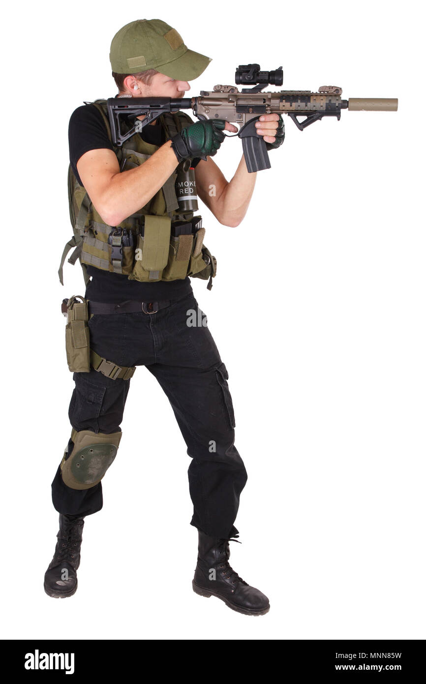 mercenary with m4 rifle isolated on white Stock Photo - Alamy