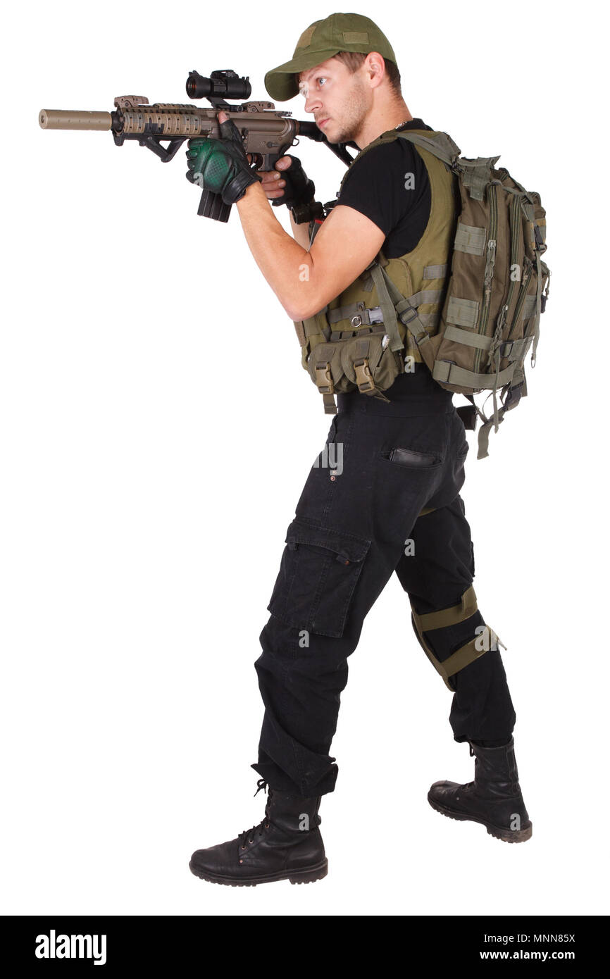 mercenary with m4 rifle isolated on white Stock Photo - Alamy