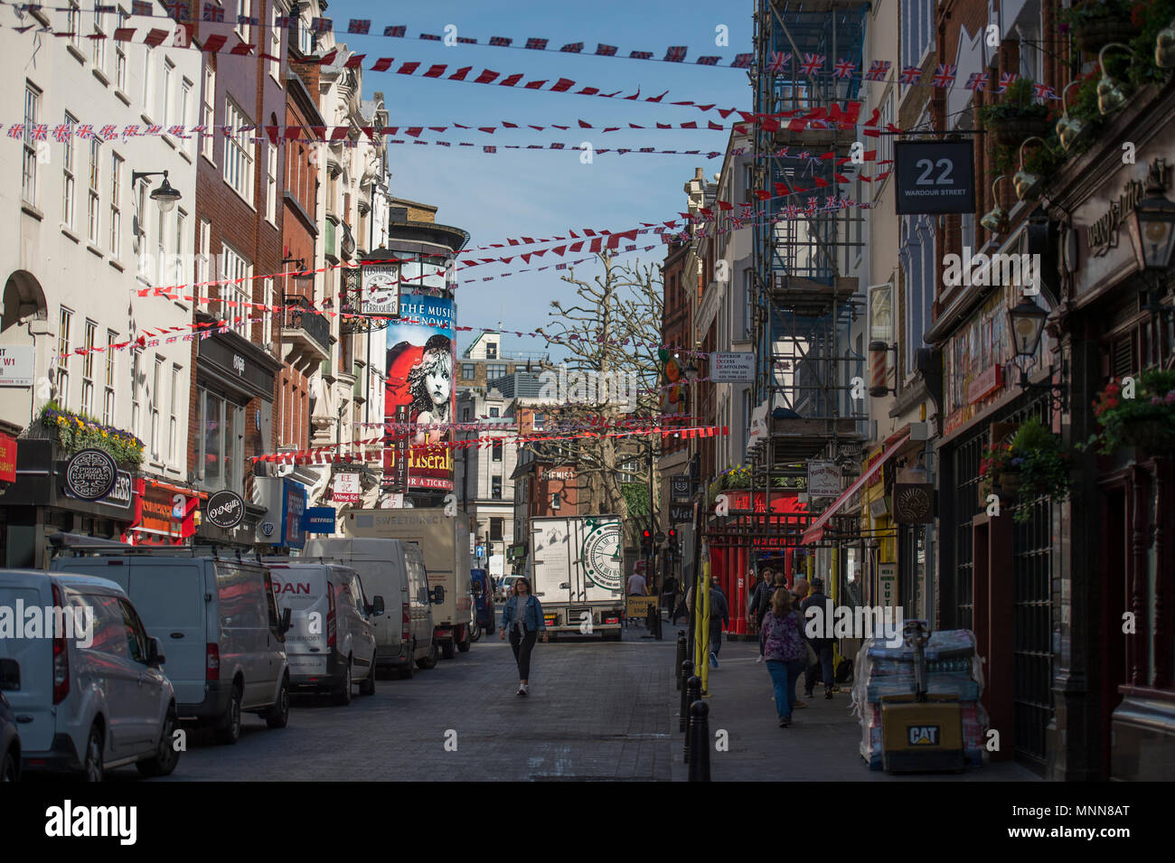 Lisle Street in London’s Chinatown with Union Jack and Chinese bunting ...