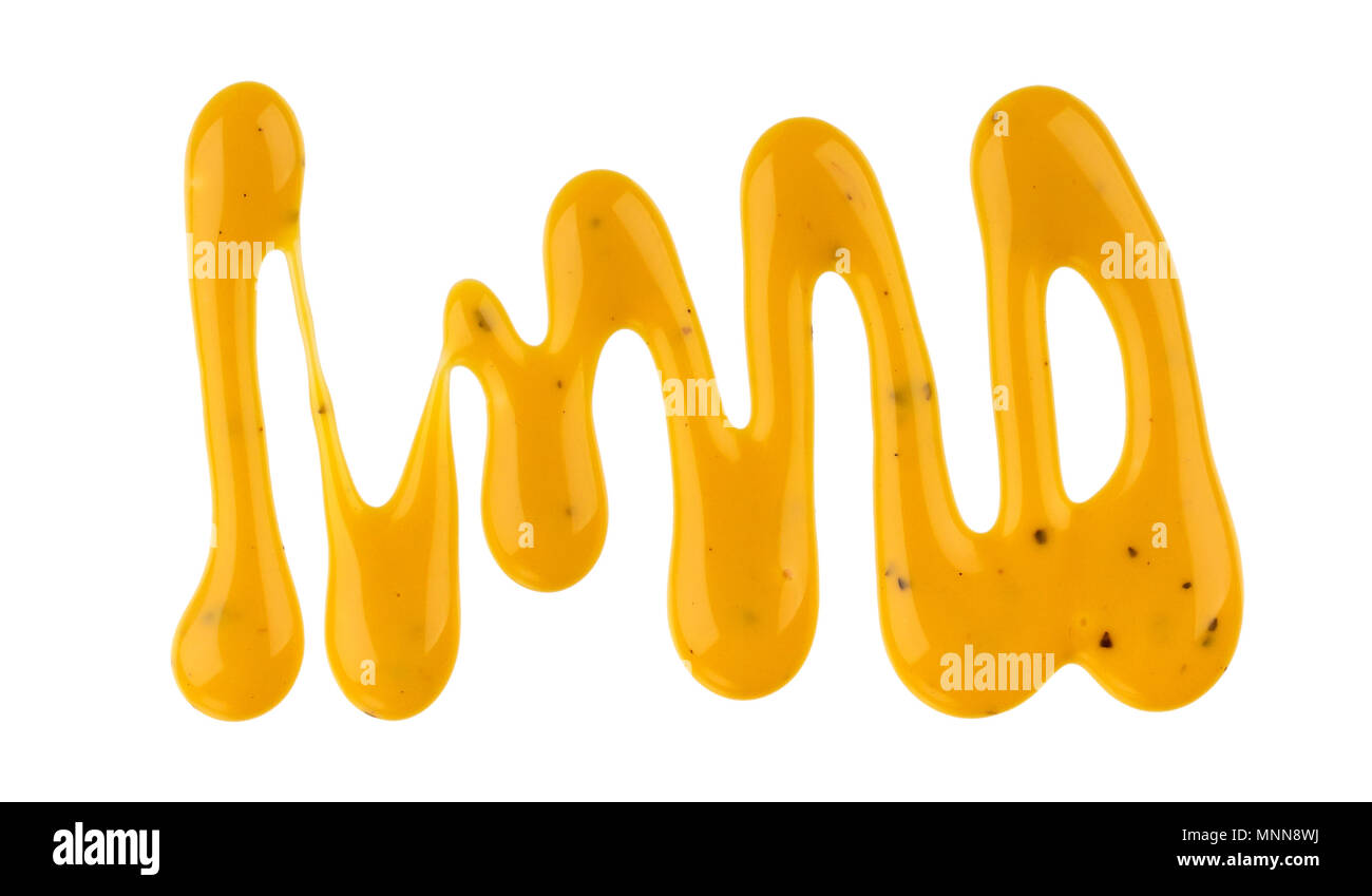 Honey mustard sauce. Splashes and spilled salad dressing isolated on ...