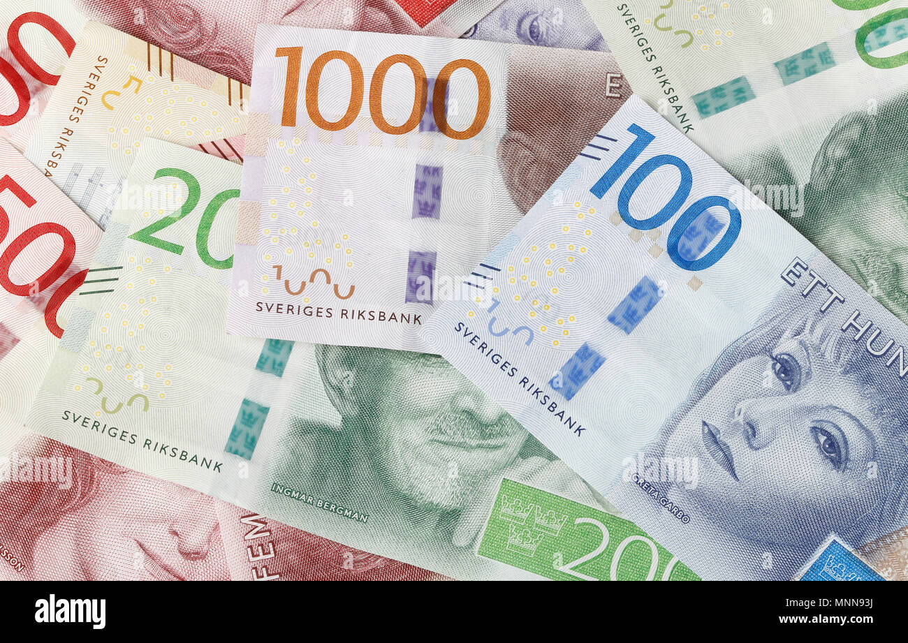 Full frame image of Swedish banknotes introduced during 2016 and 2017 i ...