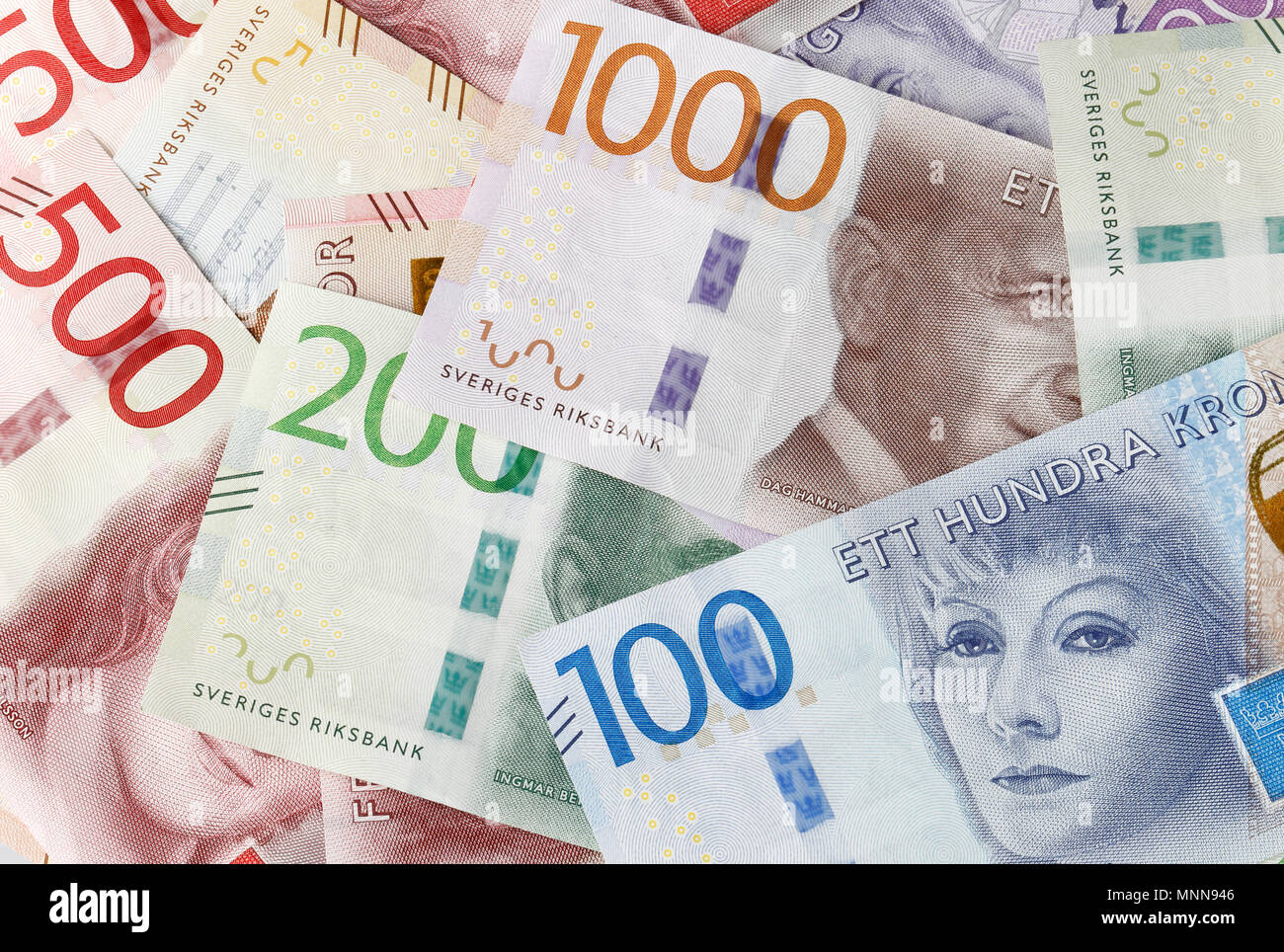 Full frame image of Swedish banknotes introduced during 2016 and 2017 i ...