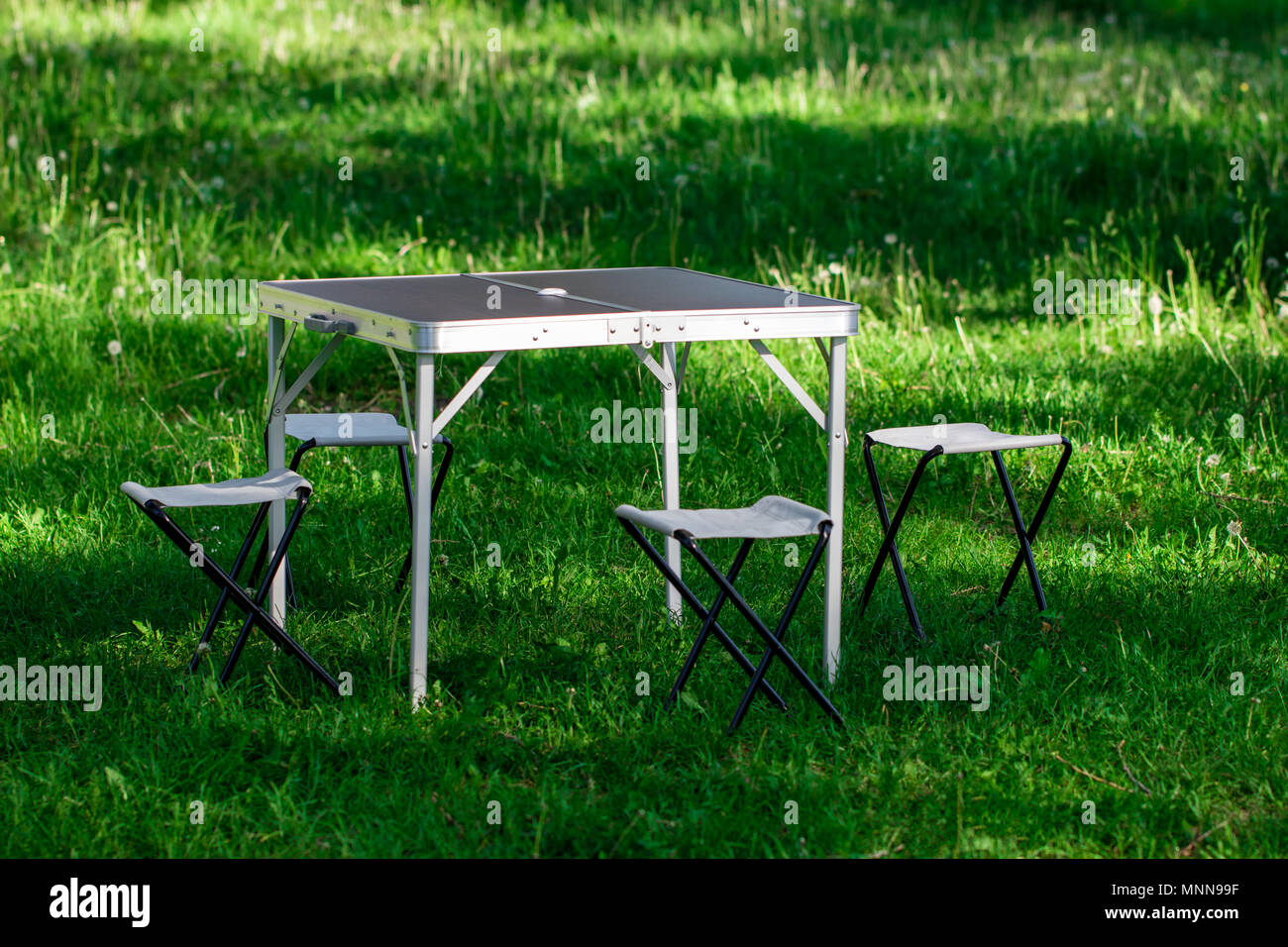 Beautiful picnic area with table and stools on the lawn Stock Photo - Alamy