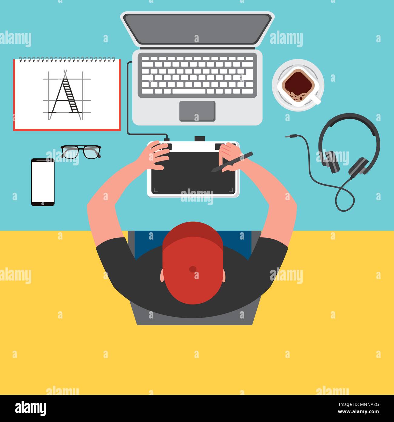 top view young man designer working computer tools at desk Stock Vector ...