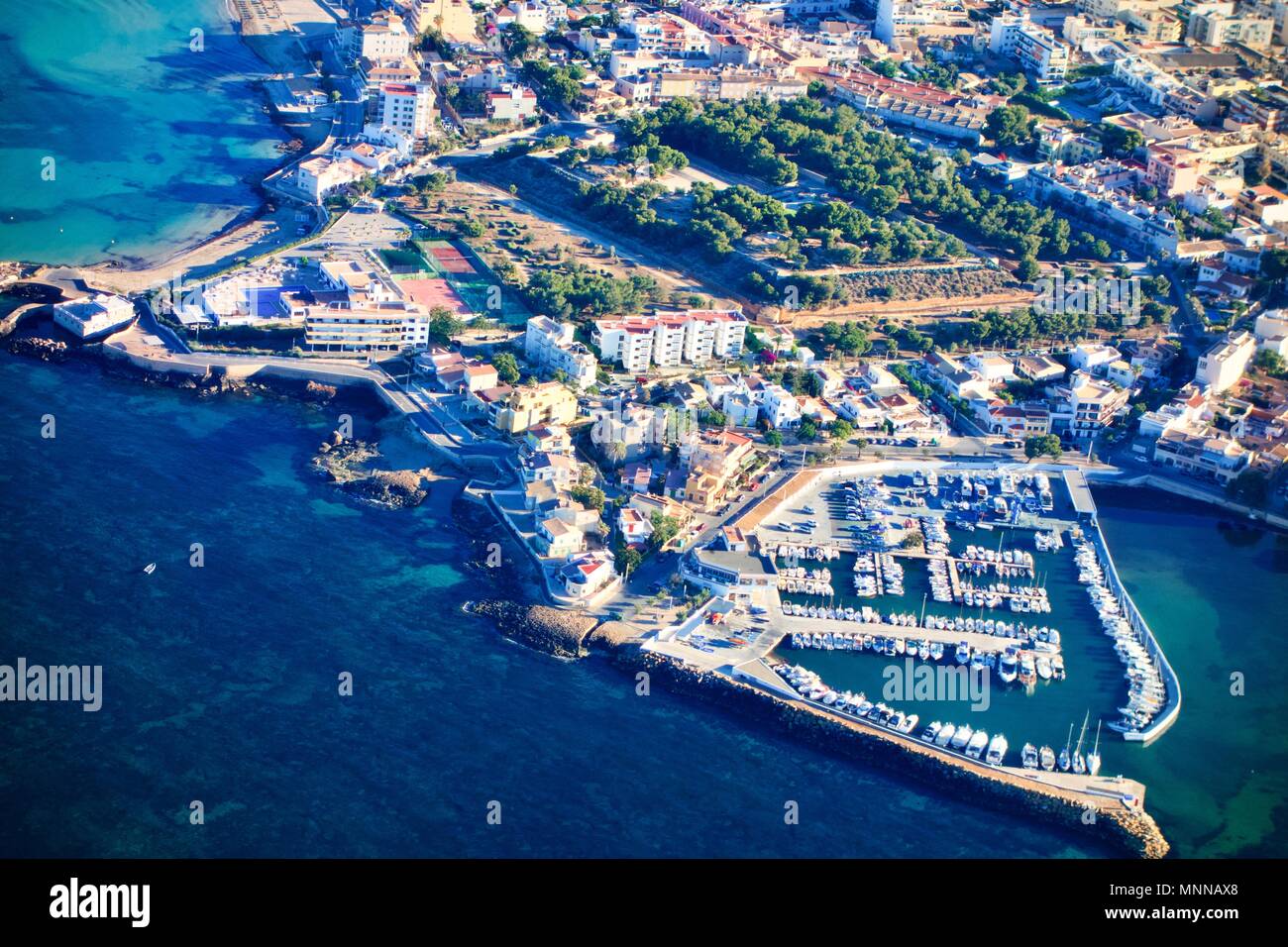 Aerial view from a plane of Mallorca with the mediterranean sea and a ...