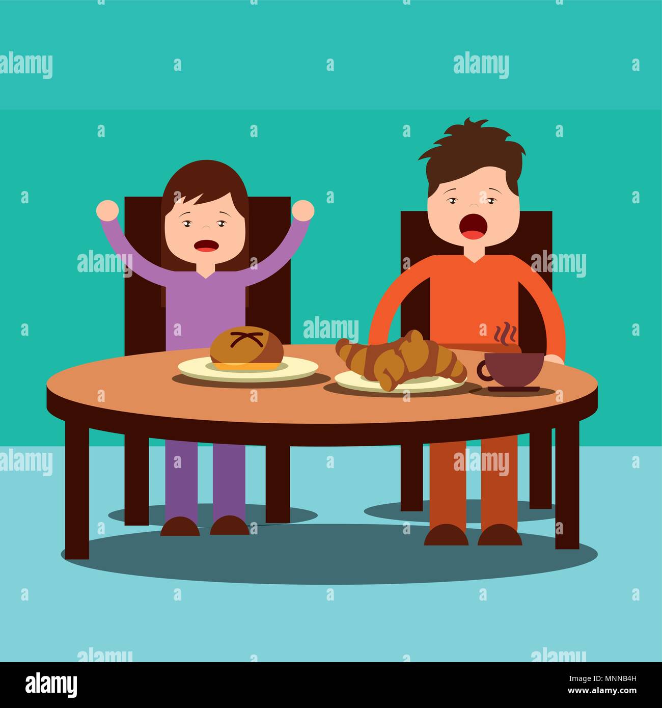 Two children, a girl and a boy enjoy their healthy breakfast of cereal ...