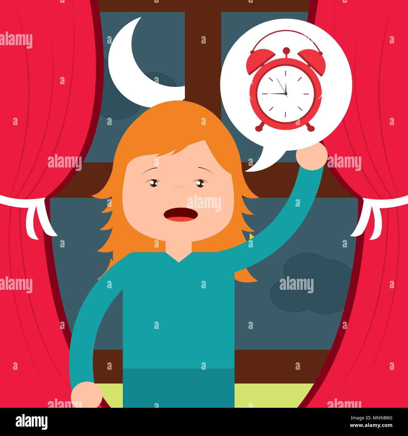 little girl with clock wake up window background Stock Vector Image ...