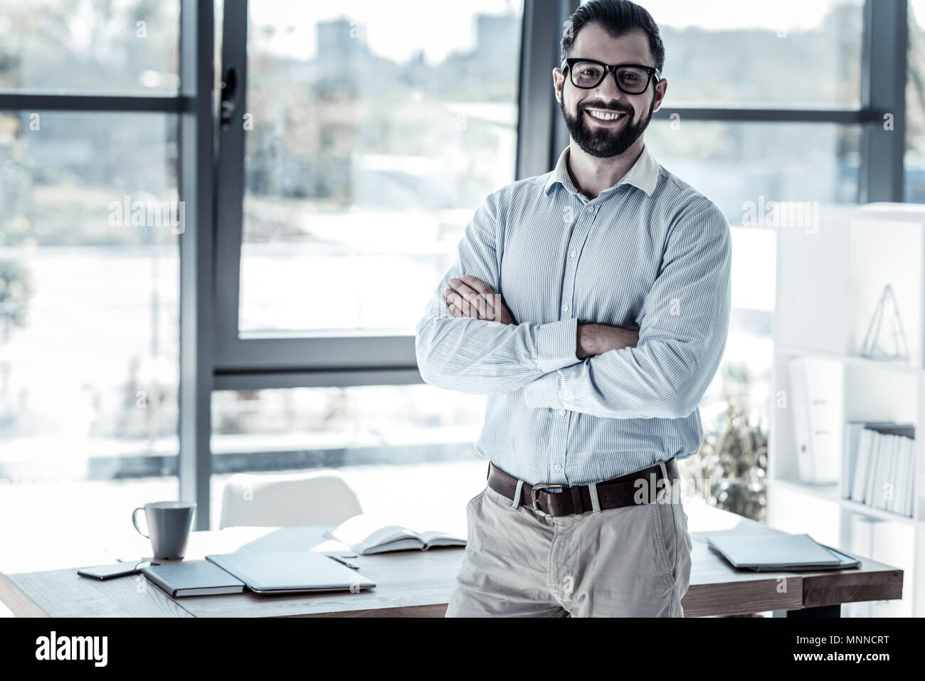 Confident pleasant worker standing and holding hands crossed Stock ...