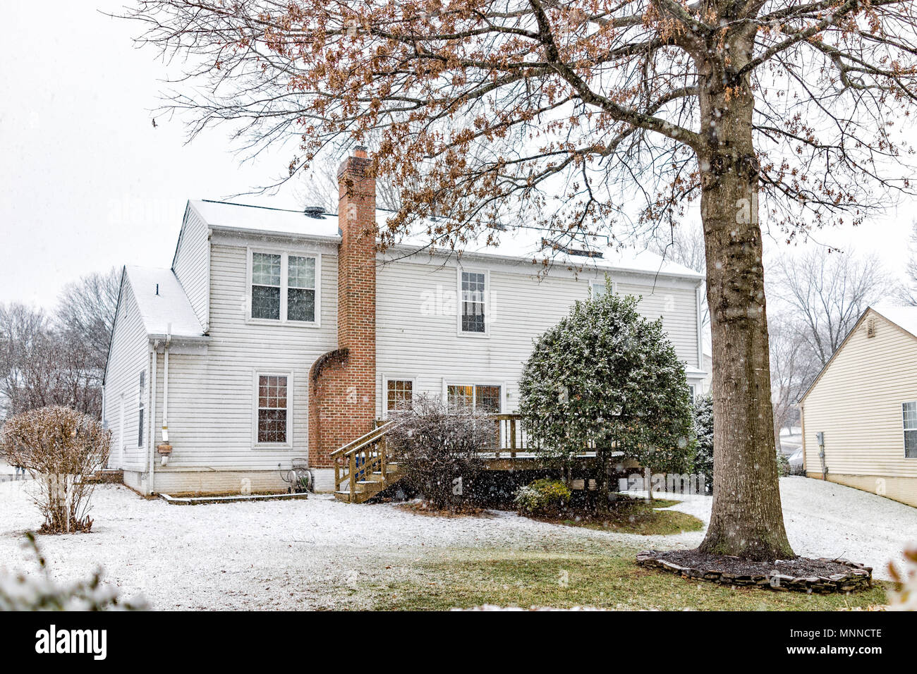 Backyard in neighborhood with snow covered ground, deck, trees, shrubs ...