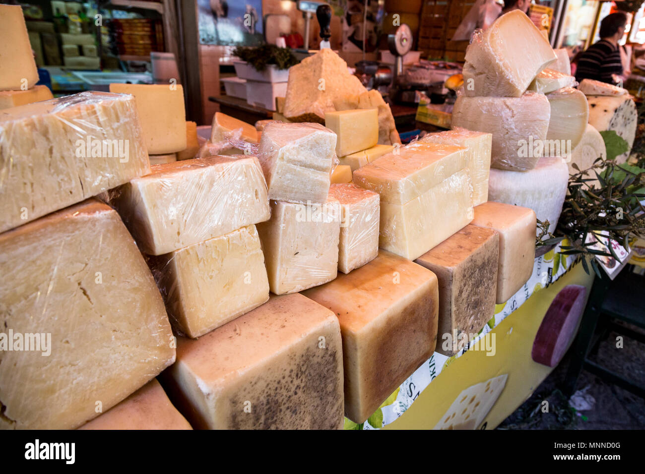 Traditional Italian cheese ready for sale on a market in Sicily Stock ...
