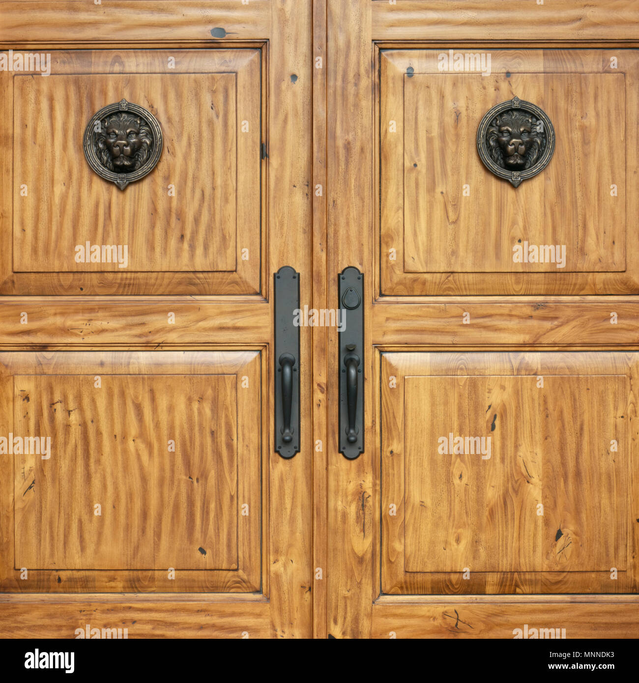 Close up detail of formal wooden front entry doors with bronze hardware ...