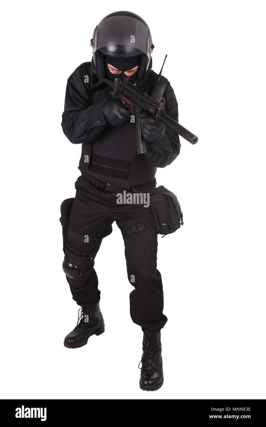 Riot police officer in black uniform isolated on white Stock Photo - Alamy