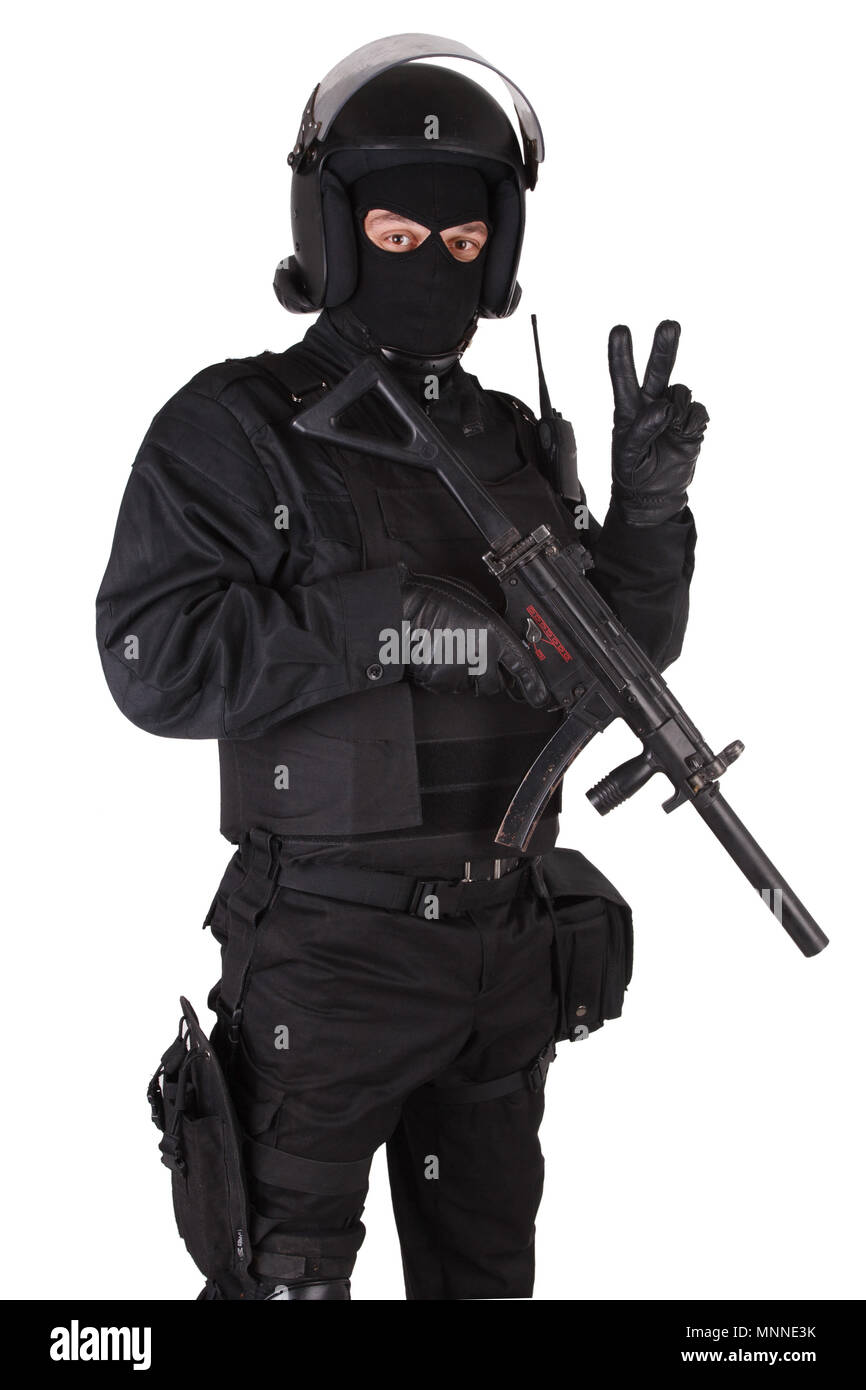 Riot police officer in black uniform isolated on white Stock Photo - Alamy