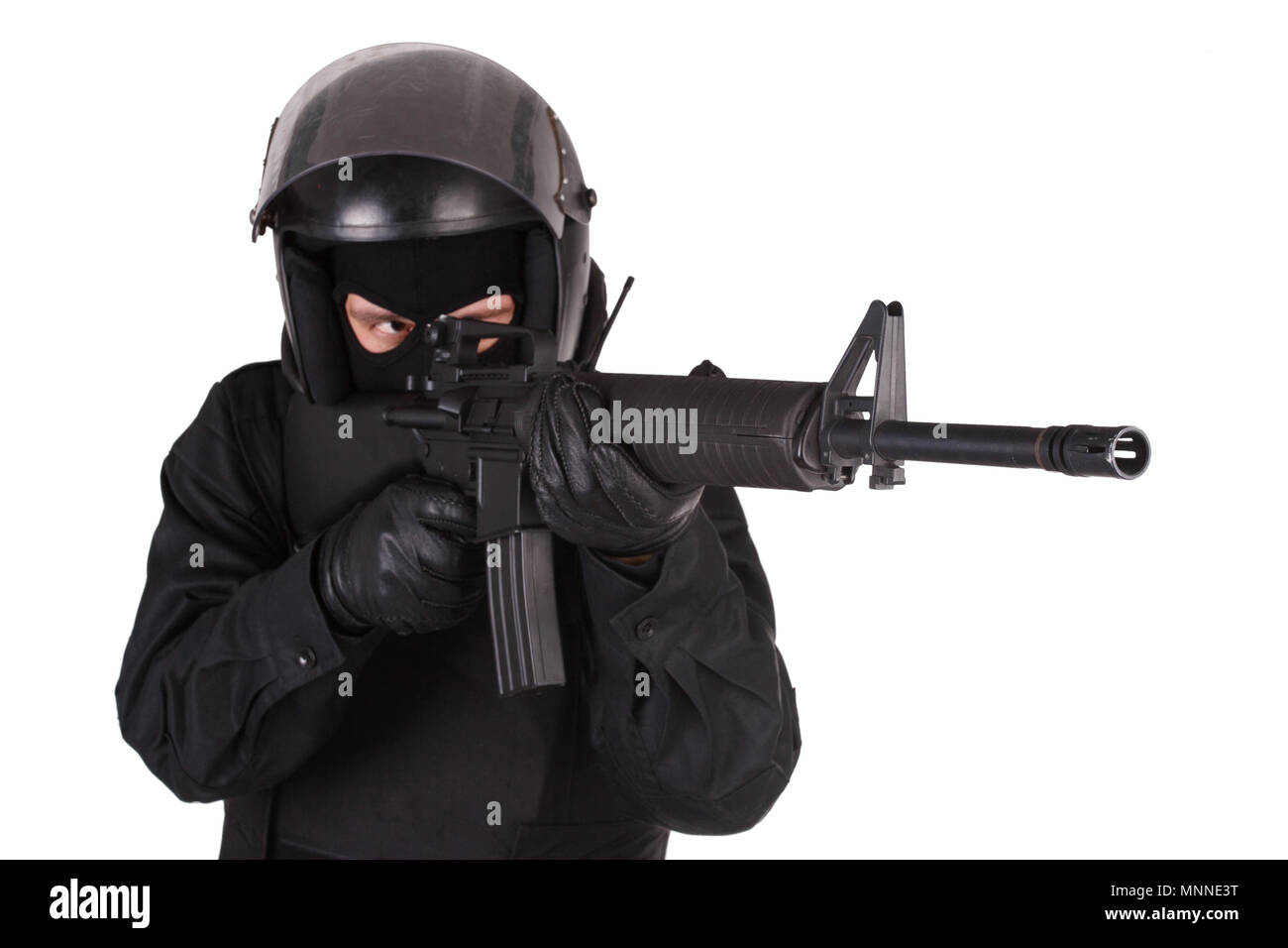 Riot police officer in black uniform isolated on white Stock Photo - Alamy