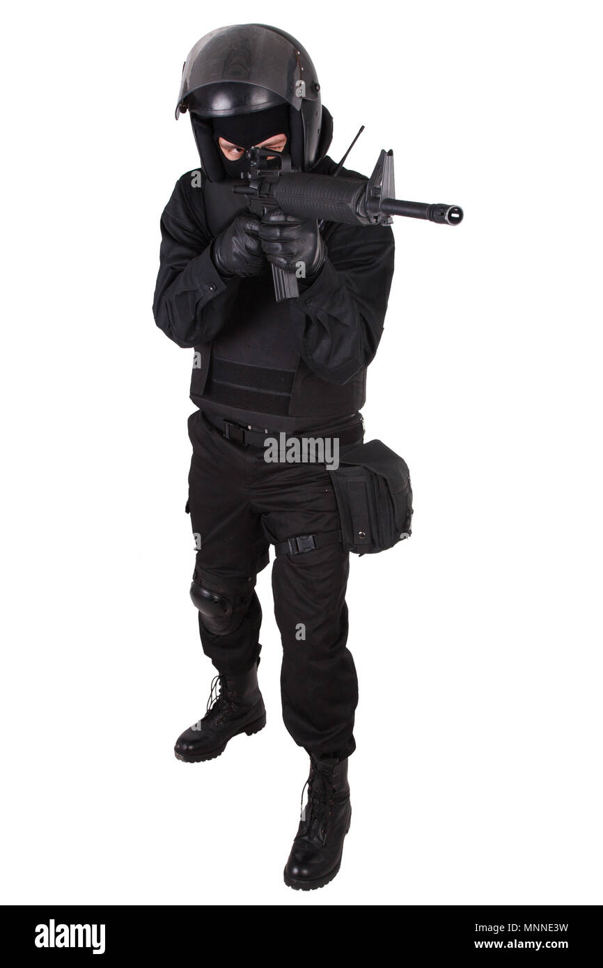 Riot police officer in black uniform isolated on white Stock Photo - Alamy