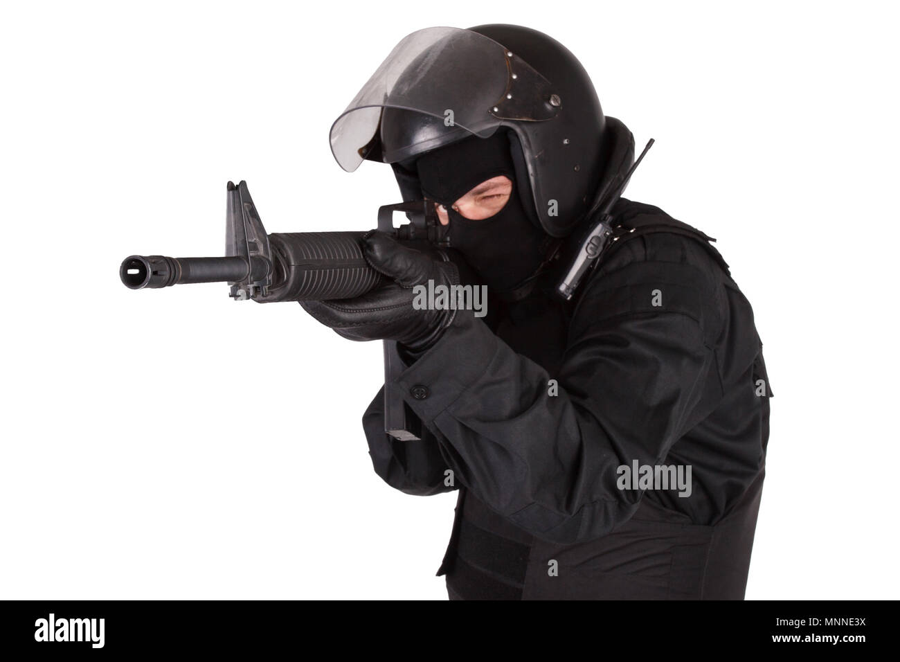 Riot police officer in black uniform isolated on white Stock Photo - Alamy