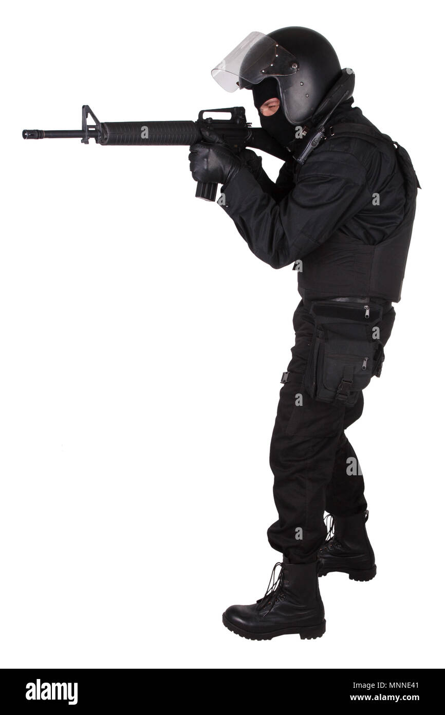 Riot police officer in black uniform isolated on white Stock Photo - Alamy
