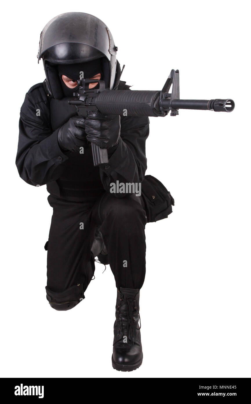 Riot police officer in black uniform isolated on white Stock Photo - Alamy