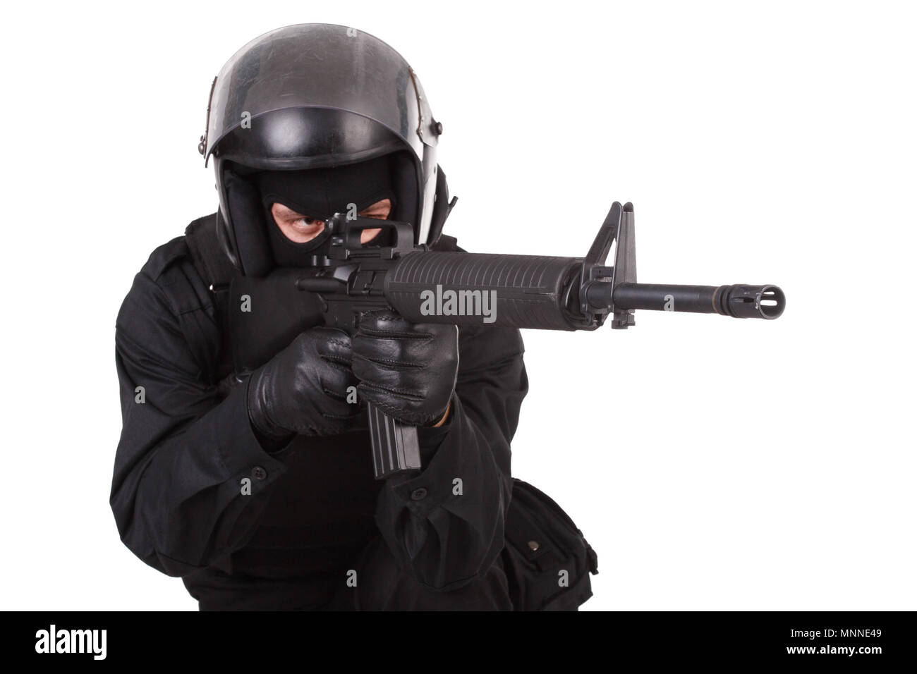 Riot police officer in black uniform isolated on white Stock Photo - Alamy