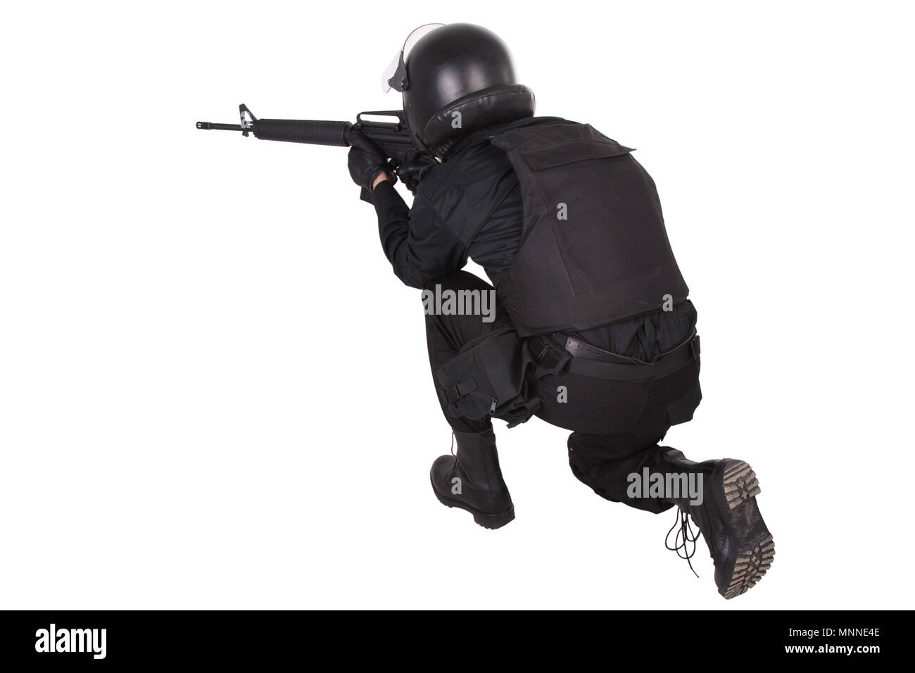 Riot police officer in black uniform isolated on white Stock Photo - Alamy