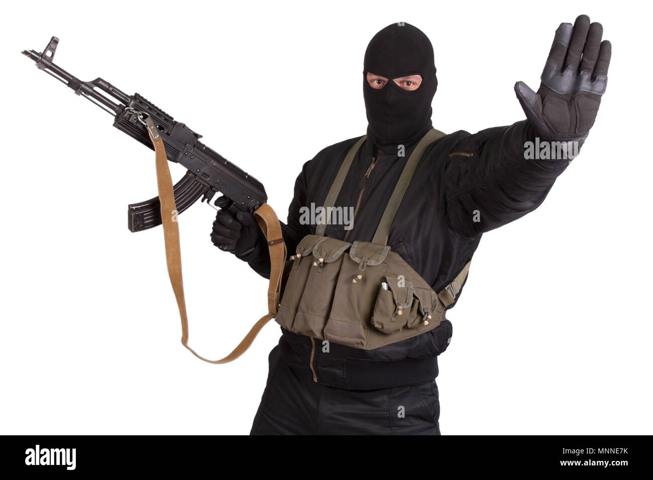 insurgent in black uniform and mask with kalashnikov isolated Stock ...