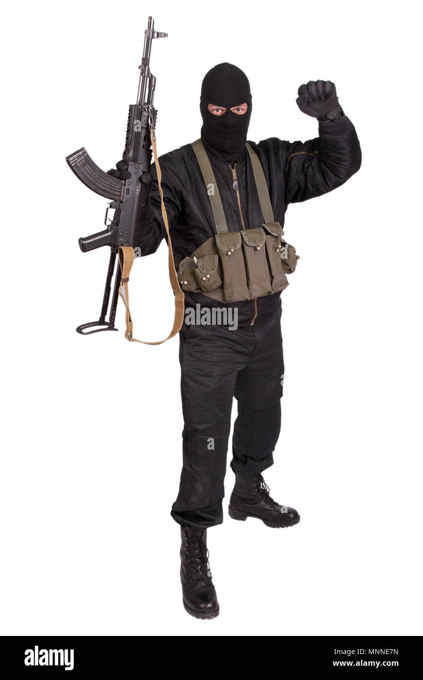 insurgent in black uniform and mask with kalashnikov isolated Stock ...