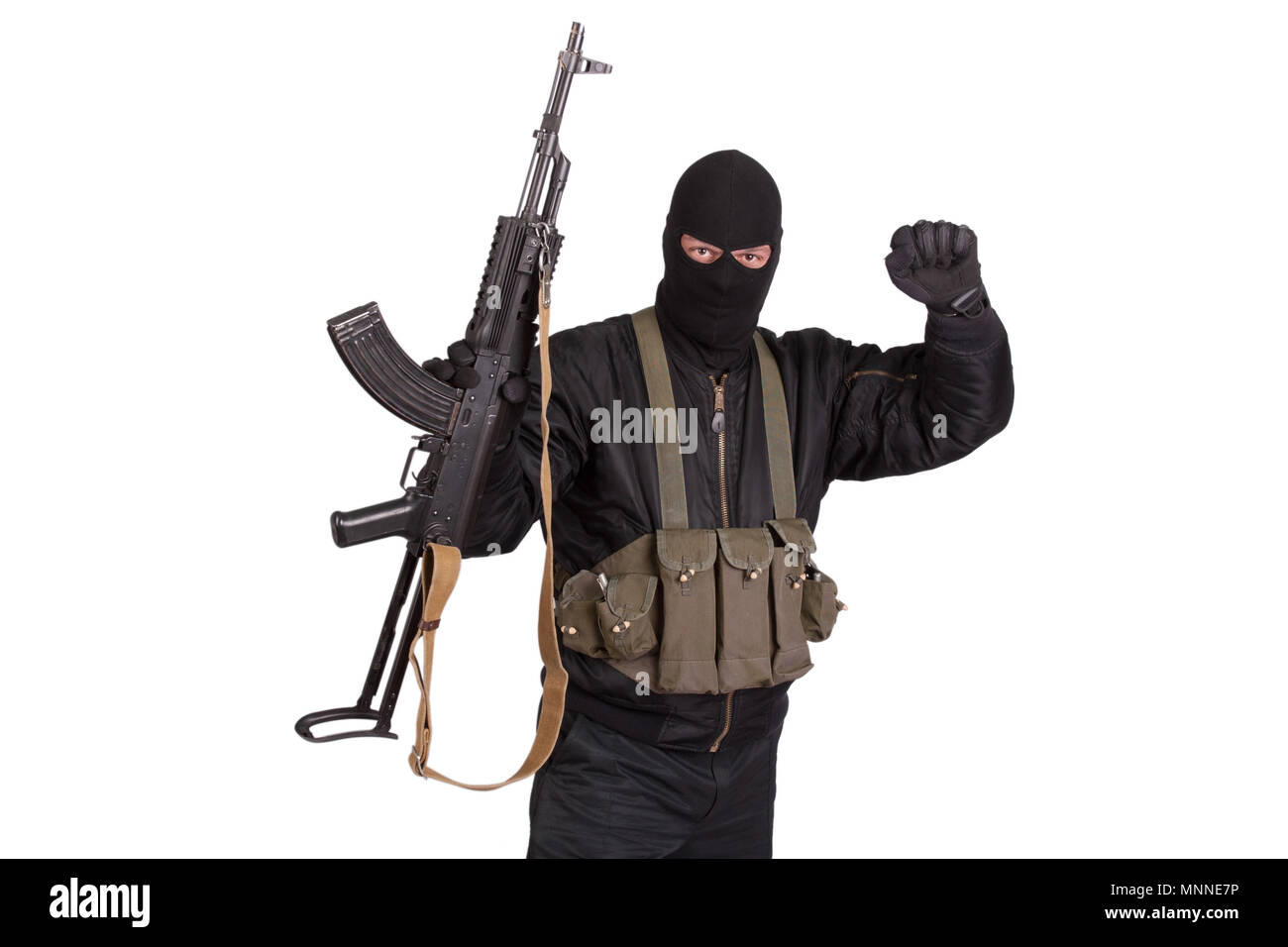 insurgent in black uniform and mask with kalashnikov isolated Stock ...