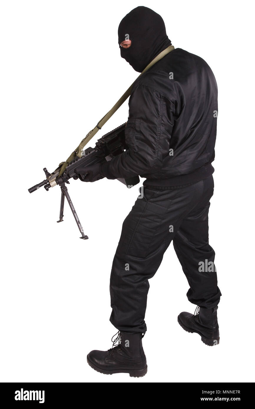 insurgent in black uniform and mask with machine gun isolated Stock ...