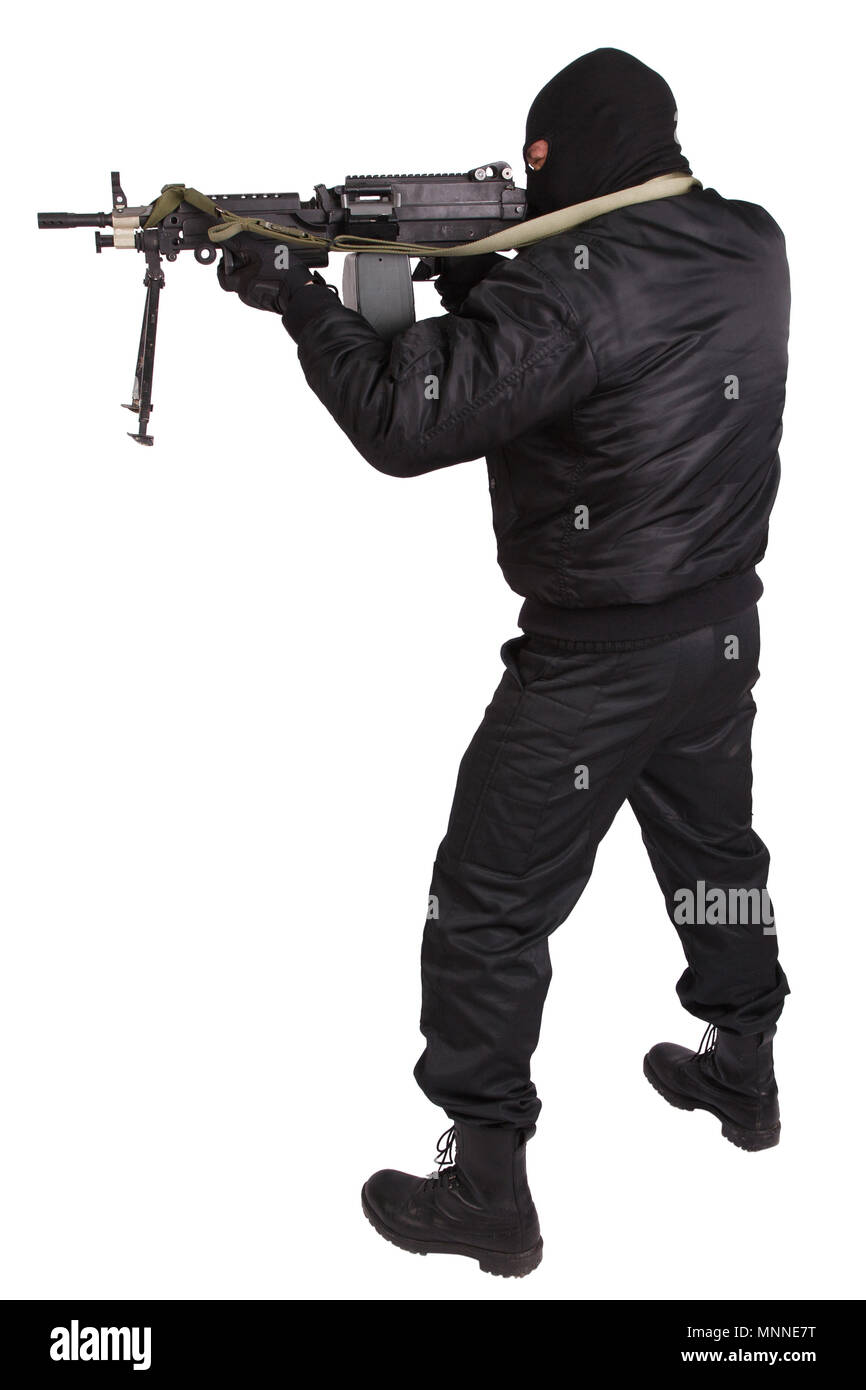 insurgent in black uniform and mask with machine gun isolated Stock ...