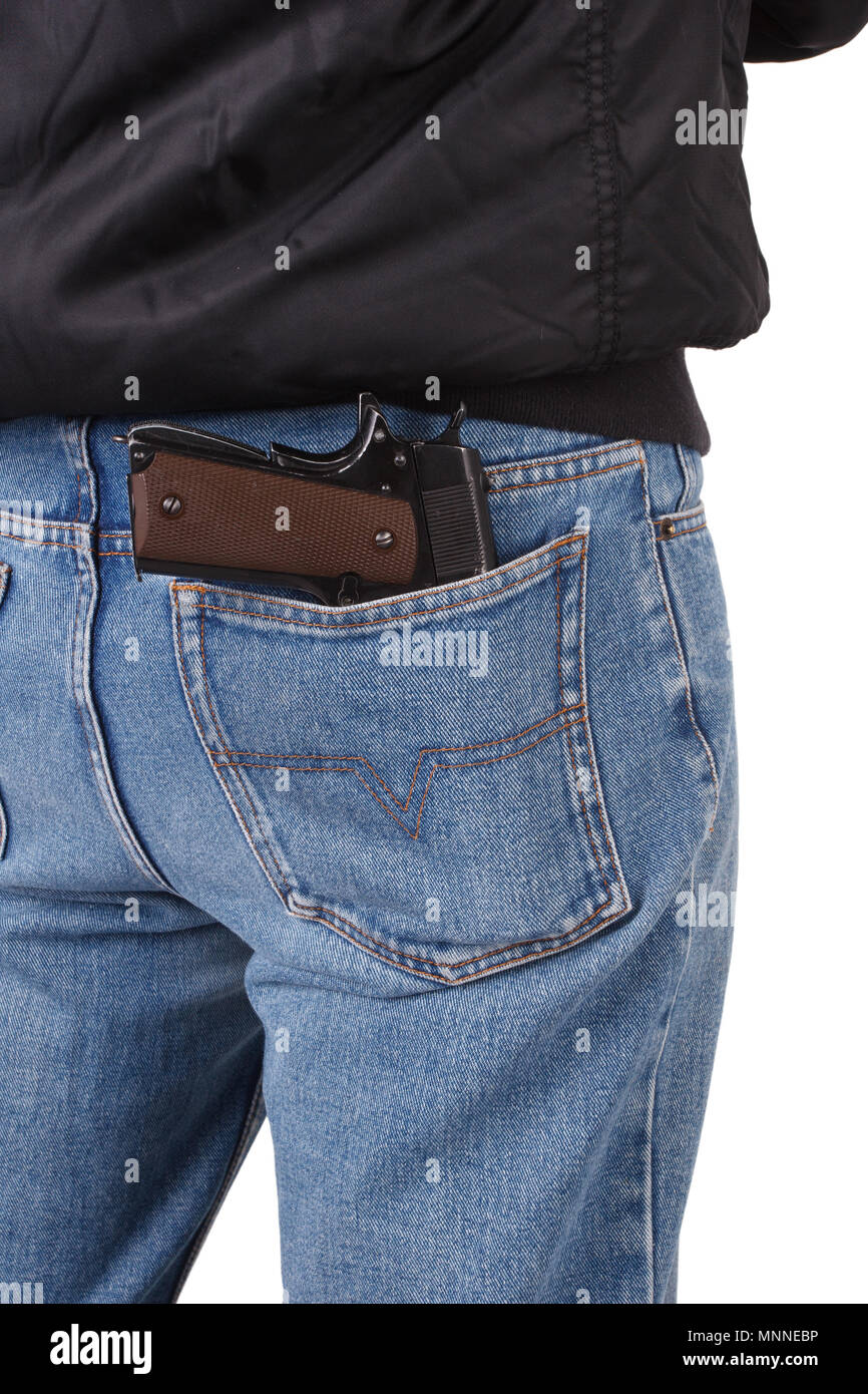 back view of robber with handgun isolated on white background Stock ...