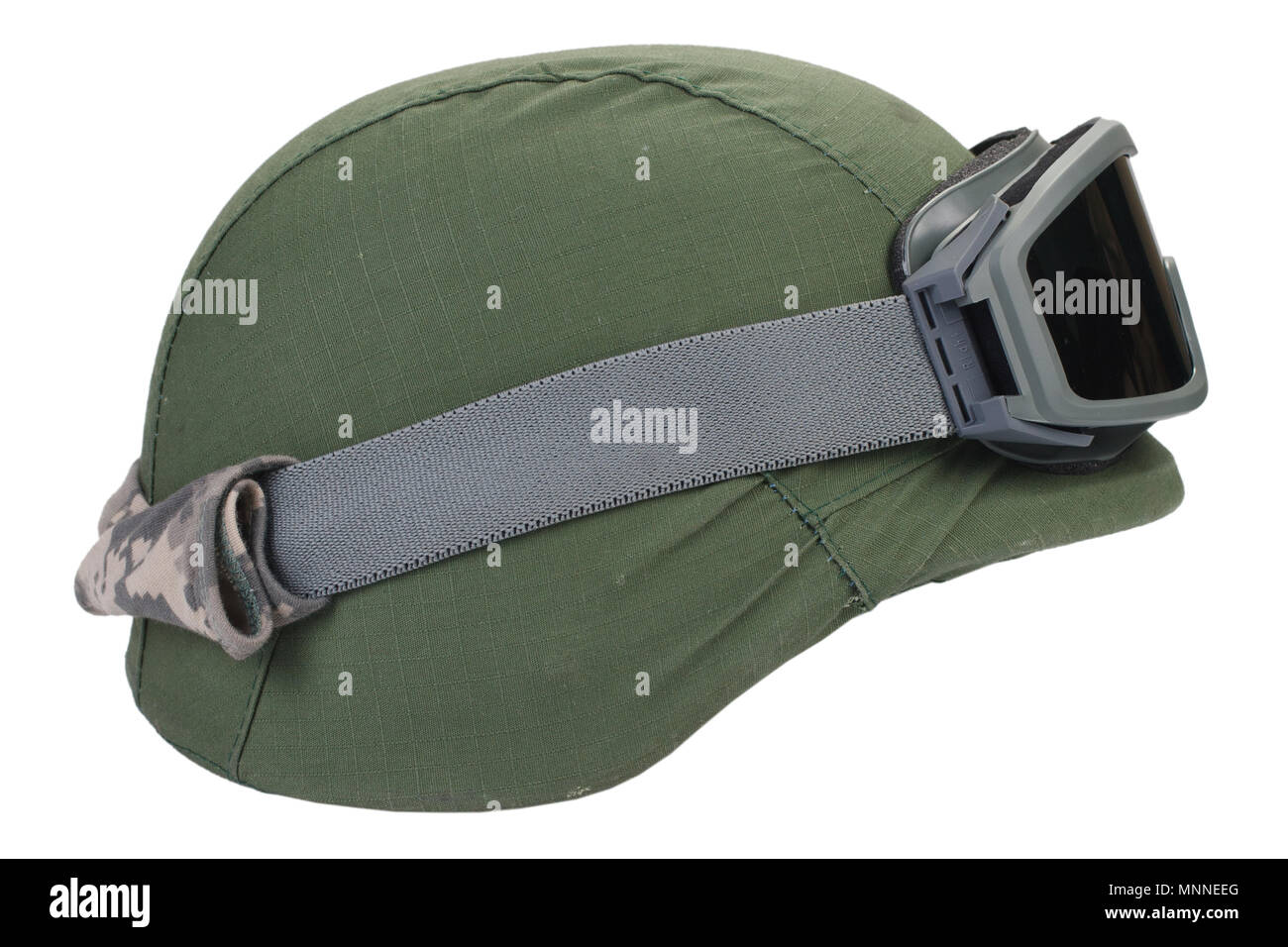 kevlar helmet with a camouflage cover and protective goggles isolated ...