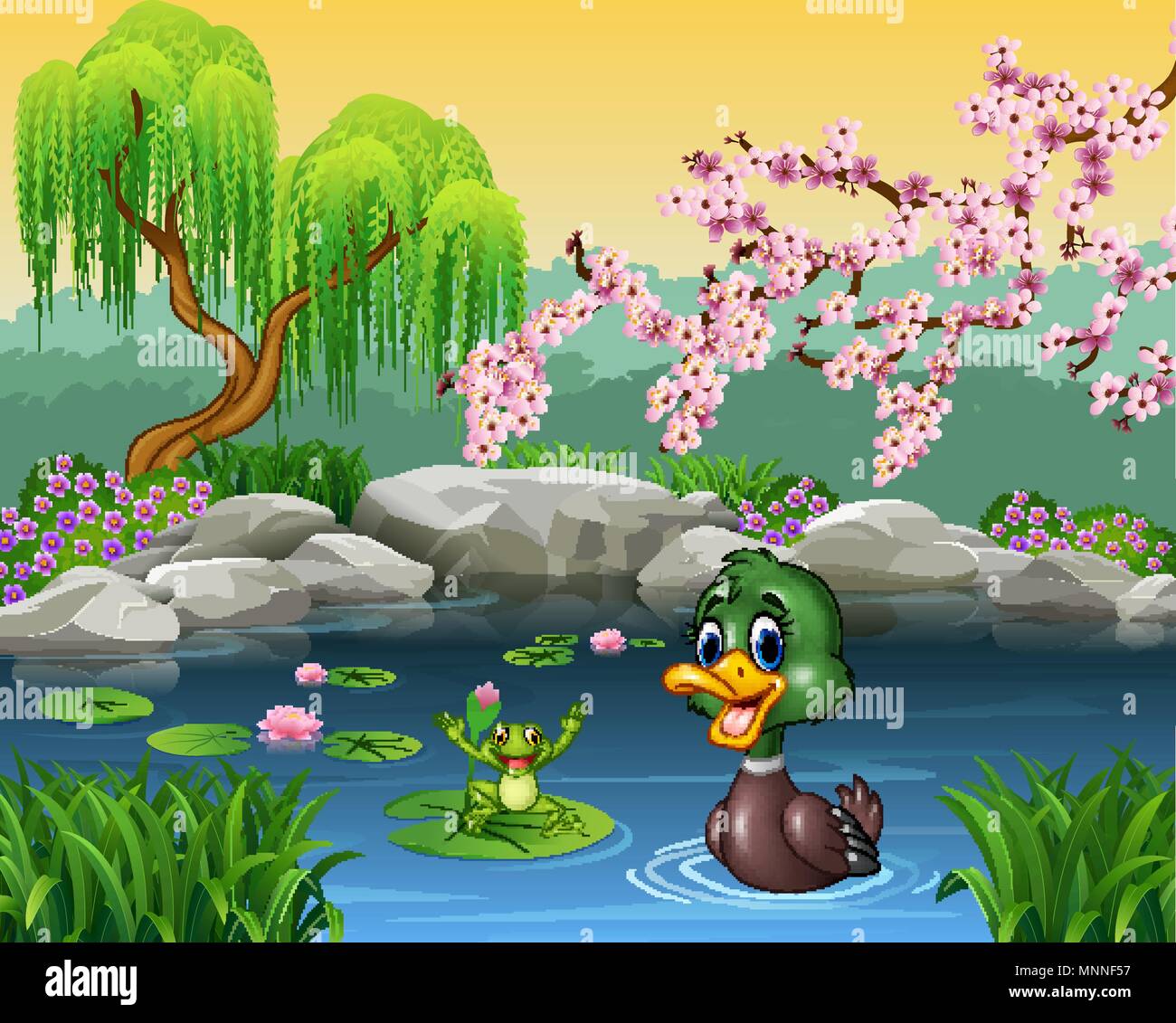 Cute duck swimming with frog Stock Vector Image & Art - Alamy
