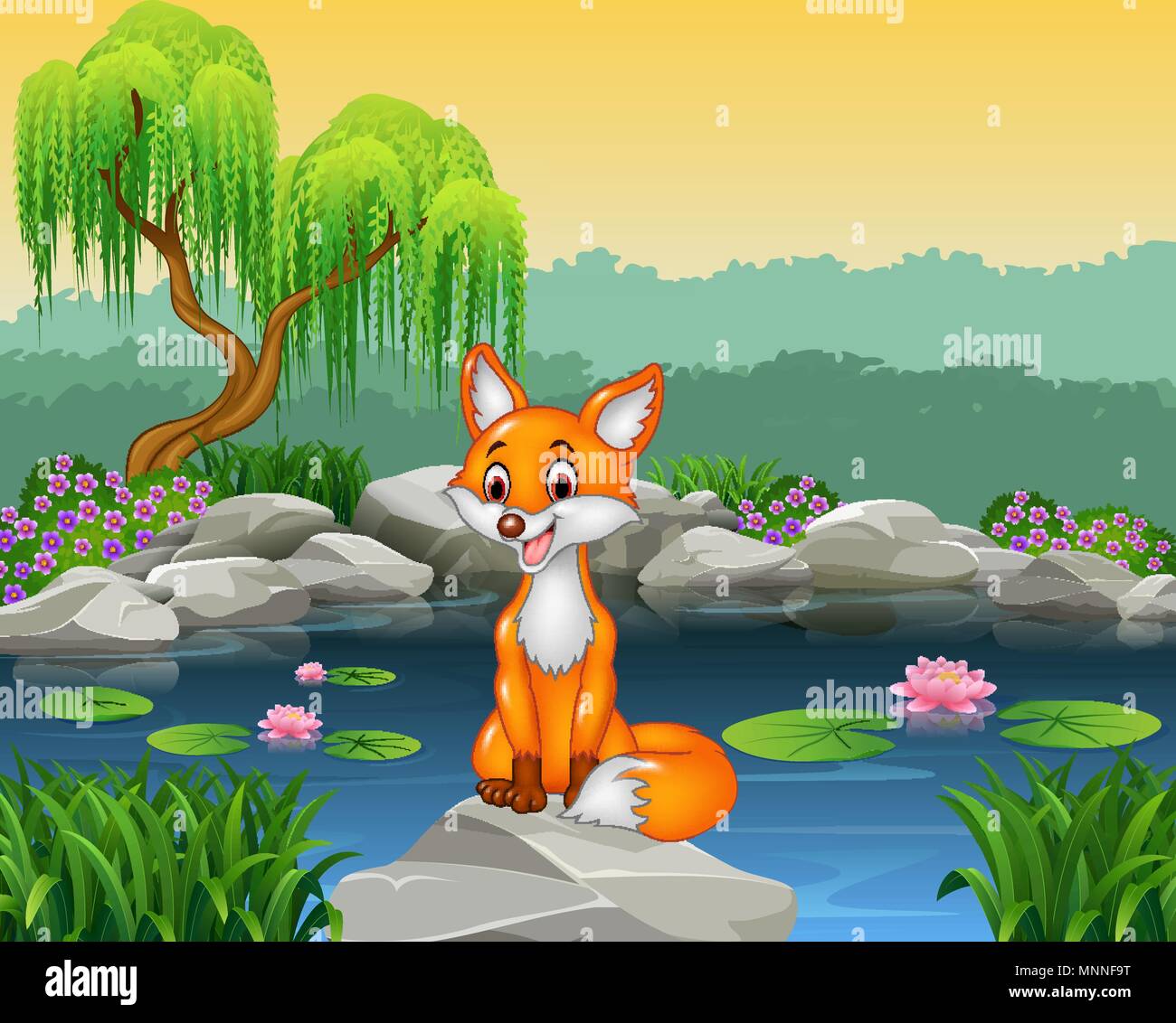 Cute fox sitting on the rock Stock Vector Image & Art - Alamy